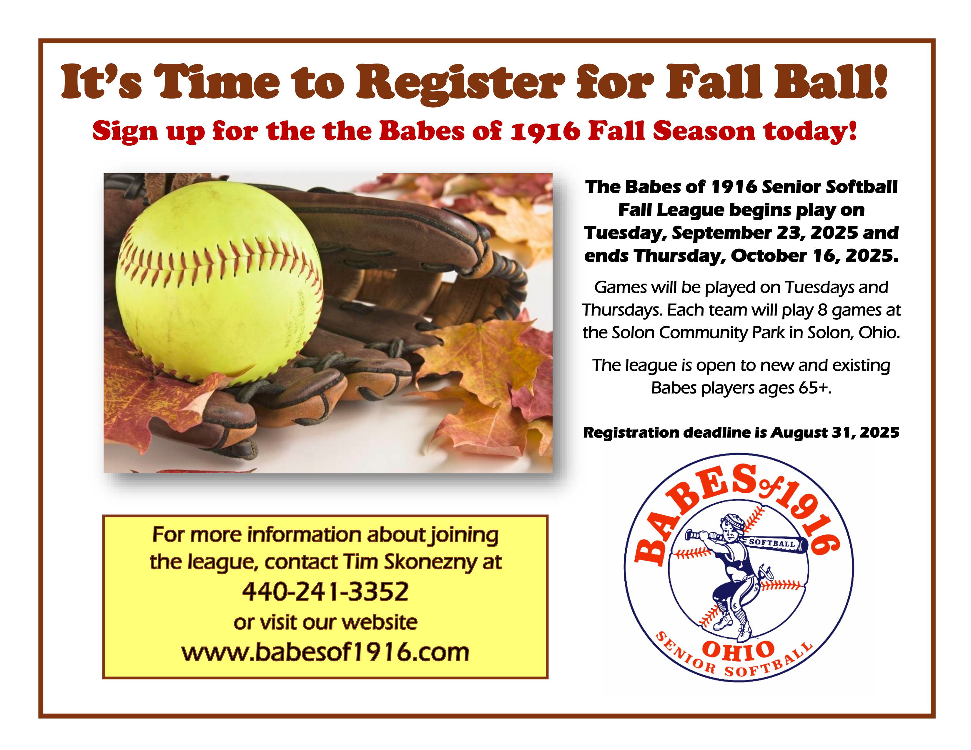 Babes 2025 Fall Ball flyer – Babes of 1916 Senior Softball
